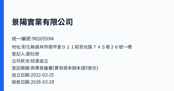 景陽實業有限公司的照片-統編 90205594(彰化縣) 公司登記資料與營業項目詳細圖表