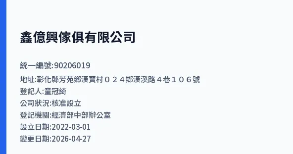 鑫億興傢俱有限公司的照片-統編 90206019(彰化縣) 公司登記資料與營業項目詳細圖表