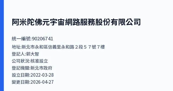 阿米陀佛元宇宙網路服務股份有限公司的照片-統編 90206741(新北市) 公司登記資料與營業項目詳細圖表