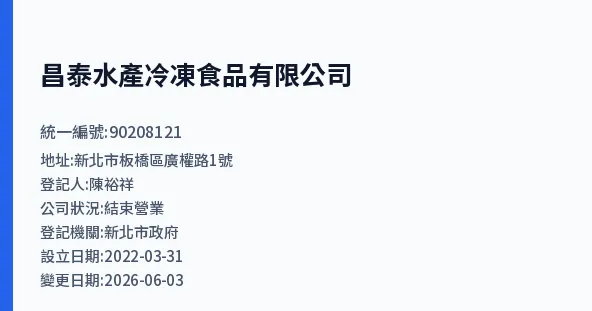 昌泰水產冷凍食品有限公司的照片-統編 90208121(新北市) 公司登記資料與營業項目詳細圖表