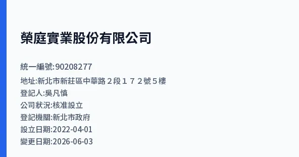 榮庭實業股份有限公司的照片-統編 90208277(新北市) 公司登記資料與營業項目詳細圖表