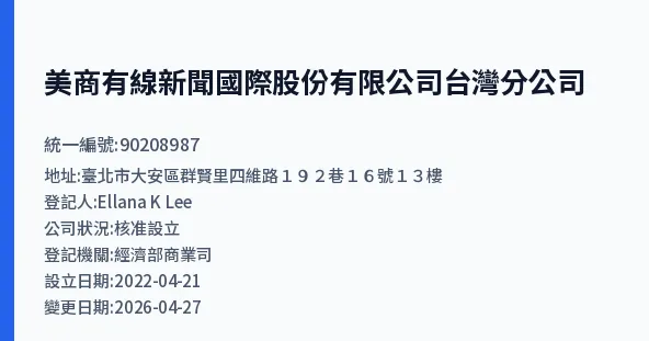 美商有線新聞國際股份有限公司台灣分公司的照片-統編 90208987(臺北市) 公司登記資料與營業項目詳細圖表