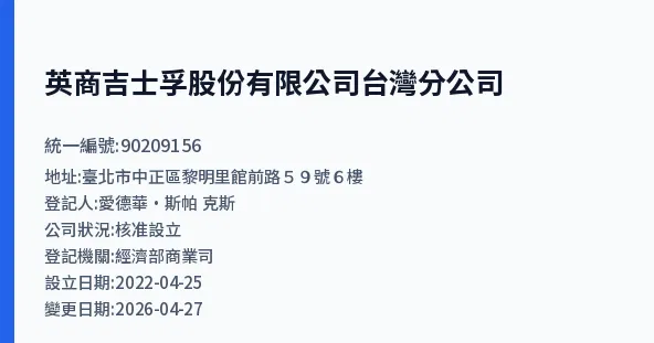 英商吉士孚股份有限公司台灣分公司的照片-統編 90209156(臺北市) 公司登記資料與營業項目詳細圖表
