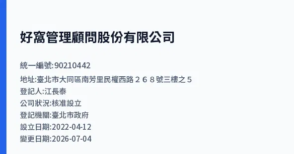 好窩管理顧問股份有限公司的照片-統編 90210442(臺北市) 公司登記資料與營業項目詳細圖表