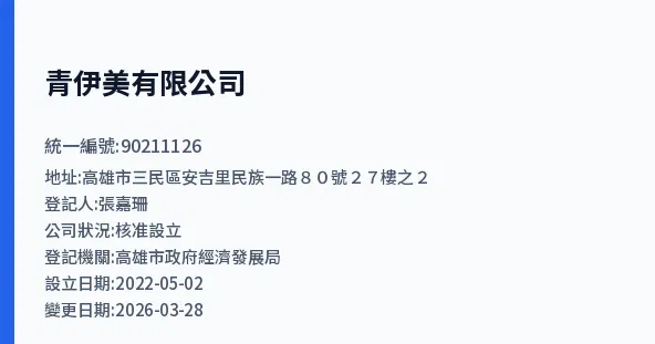 青伊美有限公司的照片-統編 90211126(高雄市) 公司登記資料與營業項目詳細圖表