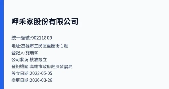 呷禾家股份有限公司的照片-統編 90211809(高雄市) 公司登記資料與營業項目詳細圖表