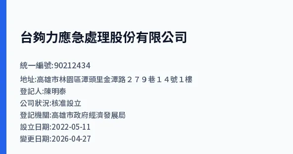 台夠力應急處理股份有限公司的照片-統編 90212434(高雄市) 公司登記資料與營業項目詳細圖表