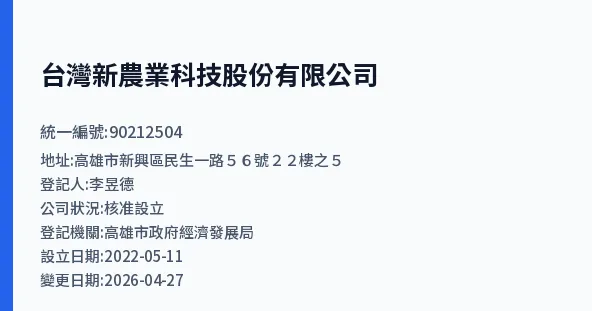 台灣新農業科技股份有限公司的照片-統編 90212504(高雄市) 公司登記資料與營業項目詳細圖表