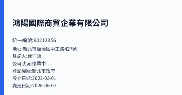 鴻陽國際商貿企業有限公司的照片-統編 90212856(新北市) 公司登記資料與營業項目詳細圖表
