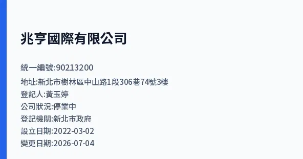 兆亨國際有限公司的照片-統編 90213200(新北市) 公司登記資料與營業項目詳細圖表