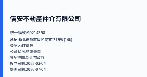 儀安不動產仲介有限公司的照片-統編 90214398(新北市) 公司登記資料與營業項目詳細圖表