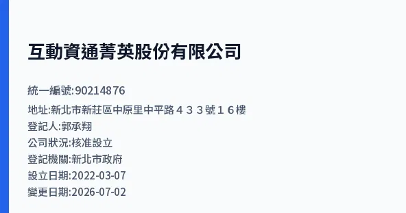 互動資通菁英股份有限公司的照片-統編 90214876(新北市) 公司登記資料與營業項目詳細圖表