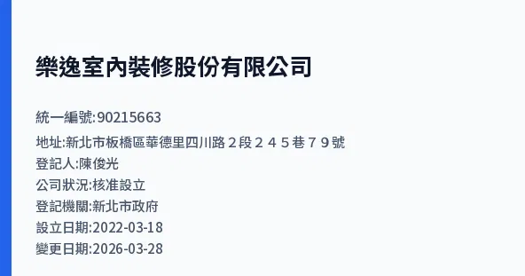 樂逸室內裝修股份有限公司的照片-統編 90215663(新北市) 公司登記資料與營業項目詳細圖表