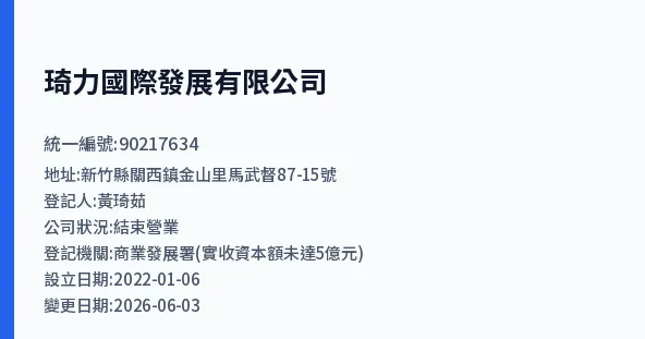 琦力國際發展有限公司的照片-統編 90217634(新竹縣) 公司登記資料與營業項目詳細圖表
