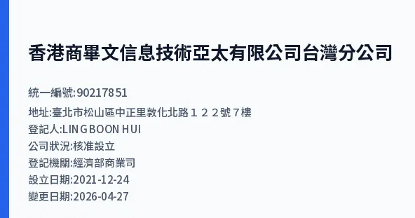 香港商畢文信息技術亞太有限公司台灣分公司的照片-統編 90217851(臺北市) 公司登記資料與營業項目詳細圖表