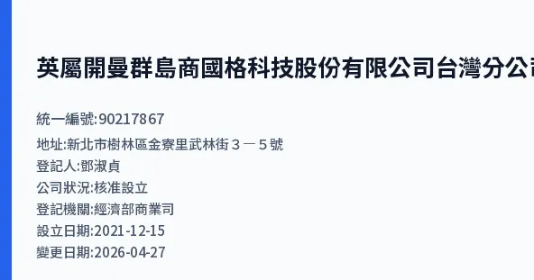 英屬開曼群島商國格科技股份有限公司台灣分公司的照片-統編 90217867(新北市) 公司登記資料與營業項目詳細圖表