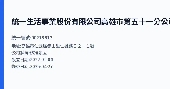 統一生活事業股份有限公司高雄市第五十一分公司的照片-統編 90218612(高雄市) 公司登記資料與營業項目詳細圖表