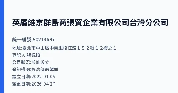 英屬維京群島商張貿企業有限公司台灣分公司的照片-統編 90218697(臺北市) 公司登記資料與營業項目詳細圖表