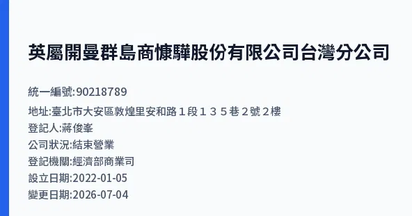 英屬開曼群島商慷驊股份有限公司台灣分公司的照片-統編 90218789(臺北市) 公司登記資料與營業項目詳細圖表