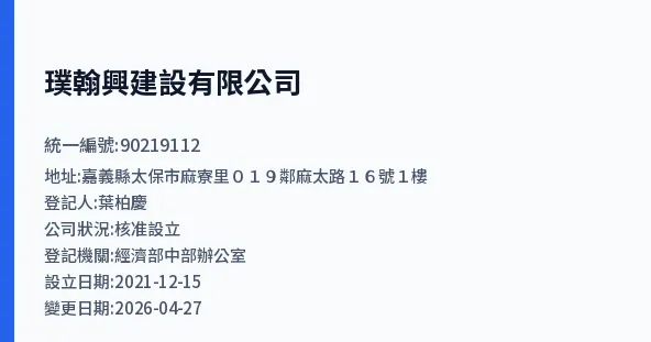 璞翰興建設有限公司的照片-統編 90219112(嘉義縣) 公司登記資料與營業項目詳細圖表