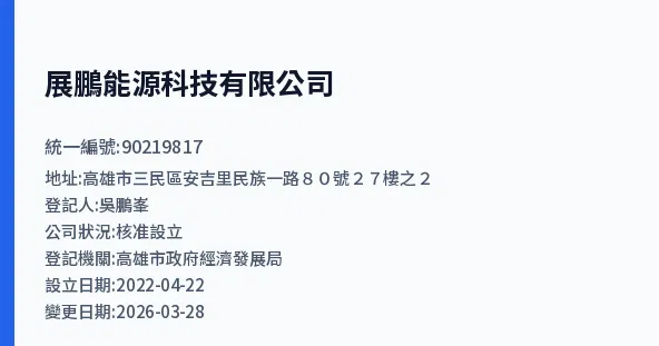 展鵬能源科技有限公司的照片-統編 90219817(高雄市) 公司登記資料與營業項目詳細圖表