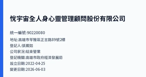 悅宇宙全人身心靈管理顧問股份有限公司的照片-統編 90220080(高雄市) 公司登記資料與營業項目詳細圖表