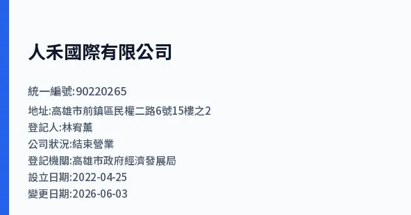 人禾國際有限公司的照片-統編 90220265(高雄市) 公司登記資料與營業項目詳細圖表