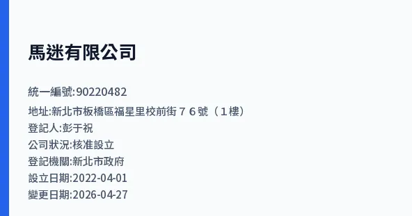 馬迷有限公司的照片-統編 90220482(新北市) 公司登記資料與營業項目詳細圖表