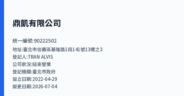 鼎凱有限公司的照片-統編 90222502(臺北市) 公司登記資料與營業項目詳細圖表