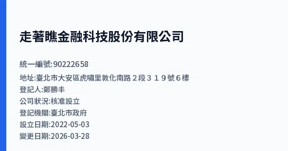 走著瞧金融科技股份有限公司的照片-統編 90222658(臺北市) 公司登記資料與營業項目詳細圖表