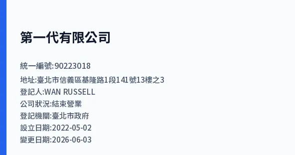 第一代有限公司的照片-統編 90223018(臺北市) 公司登記資料與營業項目詳細圖表