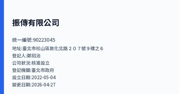 振傳有限公司的照片-統編 90223045(臺北市) 公司登記資料與營業項目詳細圖表