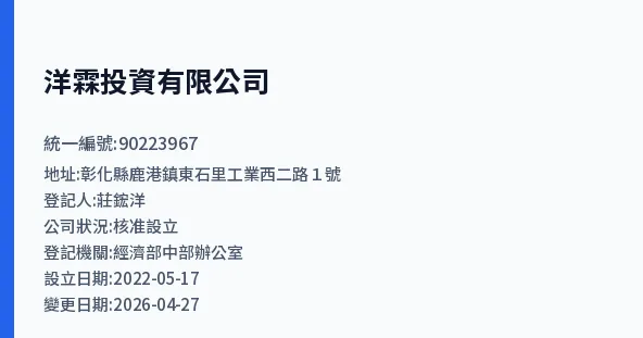 洋霖投資有限公司的照片-統編 90223967(彰化縣) 公司登記資料與營業項目詳細圖表