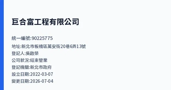 巨合富工程有限公司的照片-統編 90225775(新北市) 公司登記資料與營業項目詳細圖表