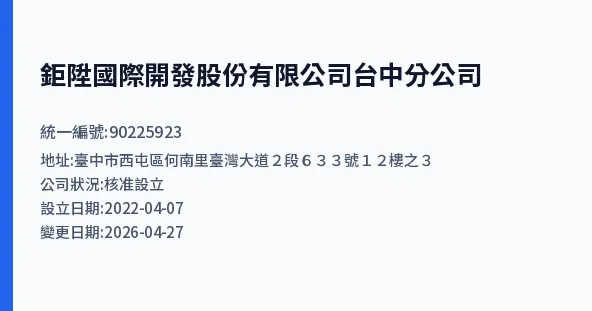 鉅陞國際開發股份有限公司台中分公司的照片-統編 90225923(臺中市) 公司登記資料與營業項目詳細圖表