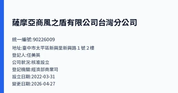 薩摩亞商風之盾有限公司台灣分公司的照片-統編 90226009(臺中市) 公司登記資料與營業項目詳細圖表