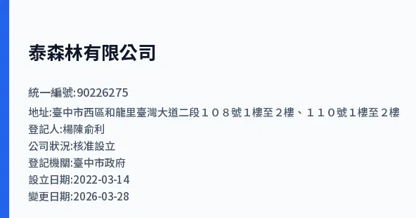 泰森林有限公司的照片-統編 90226275(臺中市) 公司登記資料與營業項目詳細圖表
