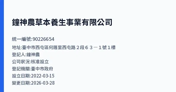 鐘神農草本養生事業有限公司的照片-統編 90226654(臺中市) 公司登記資料與營業項目詳細圖表