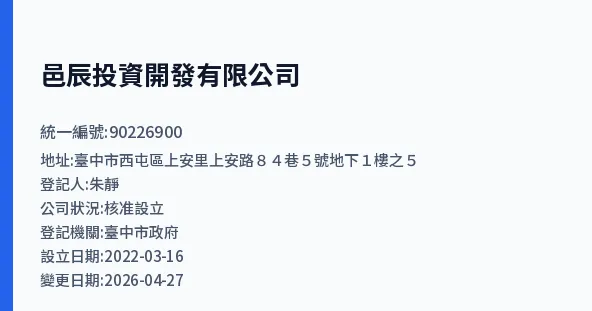 邑辰投資開發有限公司的照片-統編 90226900(臺中市) 公司登記資料與營業項目詳細圖表