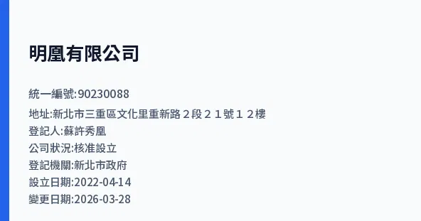 明凰有限公司的照片-統編 90230088(新北市) 公司登記資料與營業項目詳細圖表