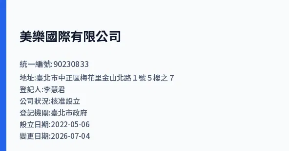 美樂國際有限公司的照片-統編 90230833(臺北市) 公司登記資料與營業項目詳細圖表