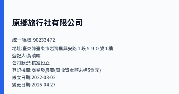 原鄉旅行社有限公司的照片-統編 90233472(臺東縣) 公司登記資料與營業項目詳細圖表
