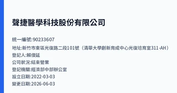 聲捷醫學科技股份有限公司的照片-統編 90233607(新竹市) 公司登記資料與營業項目詳細圖表