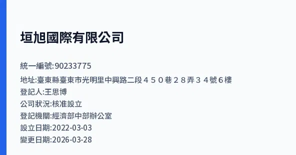 垣旭國際有限公司的照片-統編 90233775(臺東縣) 公司登記資料與營業項目詳細圖表