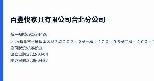 百豐悅家具有限公司台北分公司的照片-統編 90234486(新北市) 公司登記資料與營業項目詳細圖表