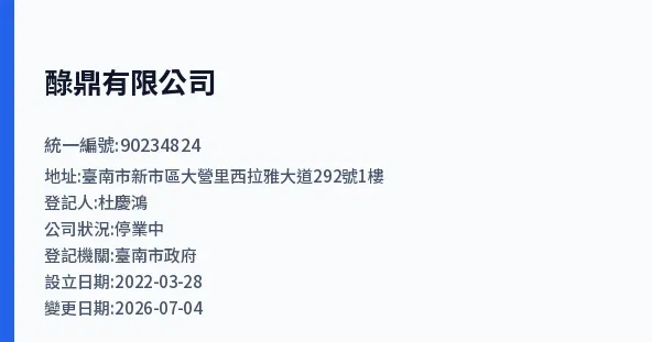 醁鼎有限公司的照片-統編 90234824(臺南市) 公司登記資料與營業項目詳細圖表