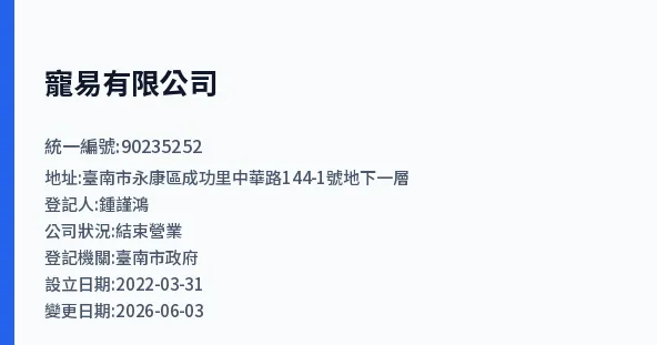 寵易有限公司的照片-統編 90235252(臺南市) 公司登記資料與營業項目詳細圖表