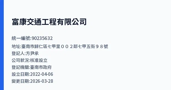 富康交通工程有限公司的照片-統編 90235632(臺南市) 公司登記資料與營業項目詳細圖表