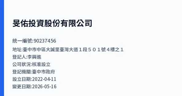 旻佑投資股份有限公司的照片-統編 90237456(臺中市) 公司登記資料與營業項目詳細圖表