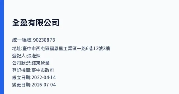 全盈有限公司的照片-統編 90238878(臺中市) 公司登記資料與營業項目詳細圖表